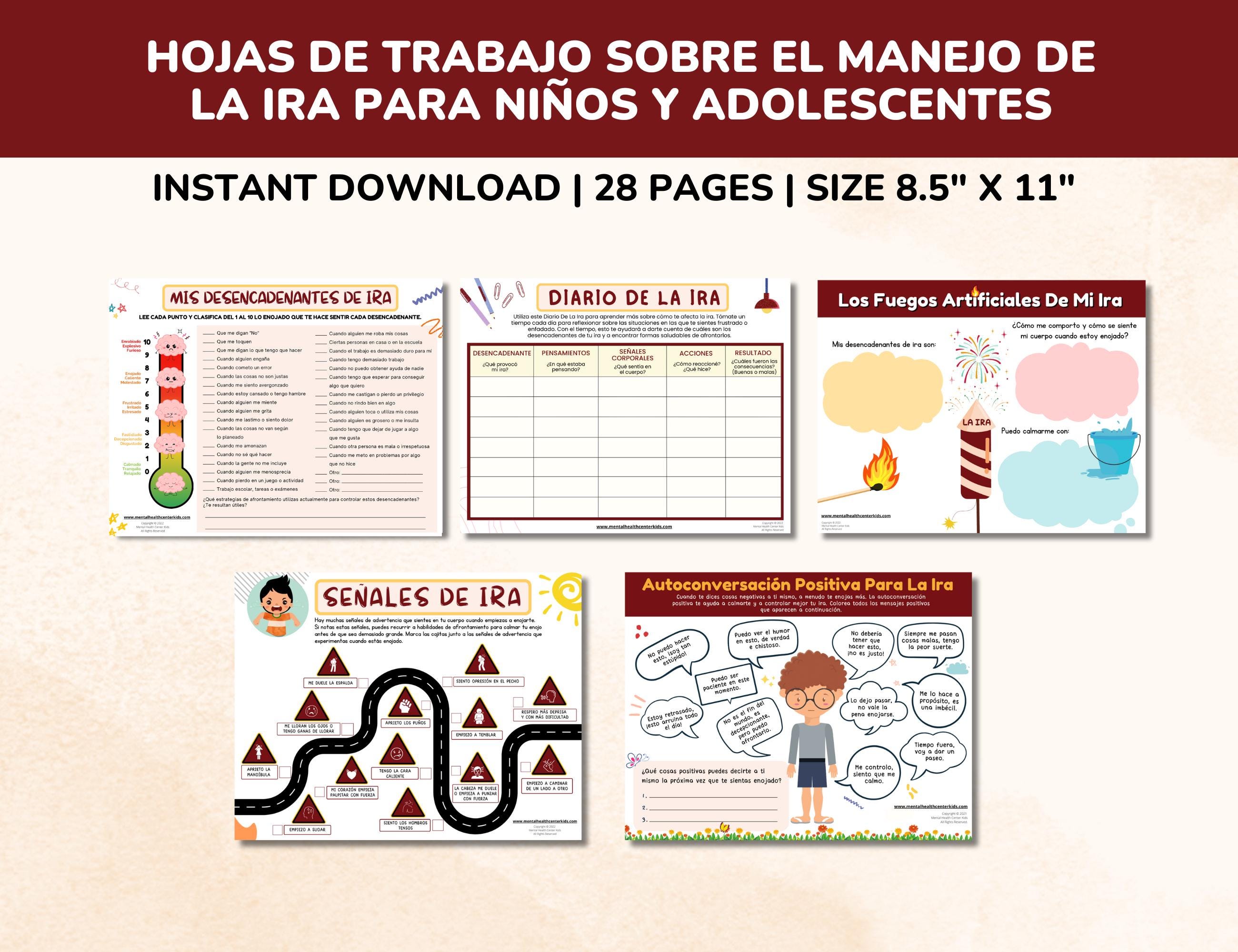 Spanish Anger Management Worksheets 20 Item Bundle for Kids-teens ...