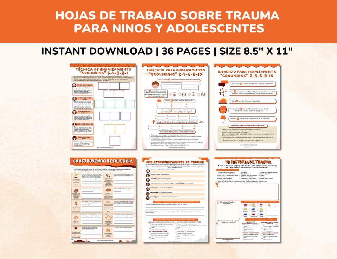 Spanish Trauma/ptsd Worksheets 20 Item Bundle for Kids-teens - Hojas De ...