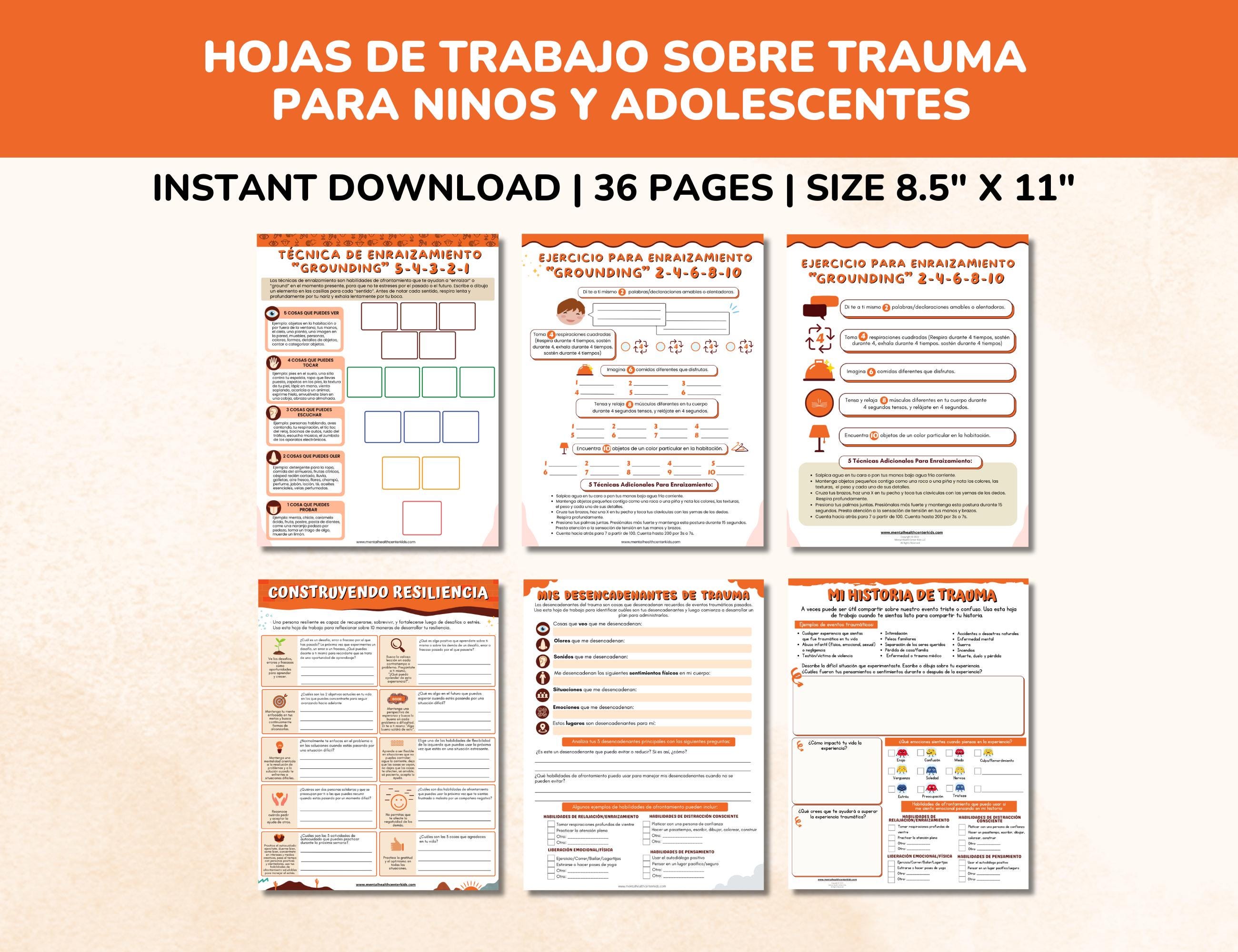 Spanish Trauma/ptsd Worksheets 20 Item Bundle for Kids-teens - Hojas De ...