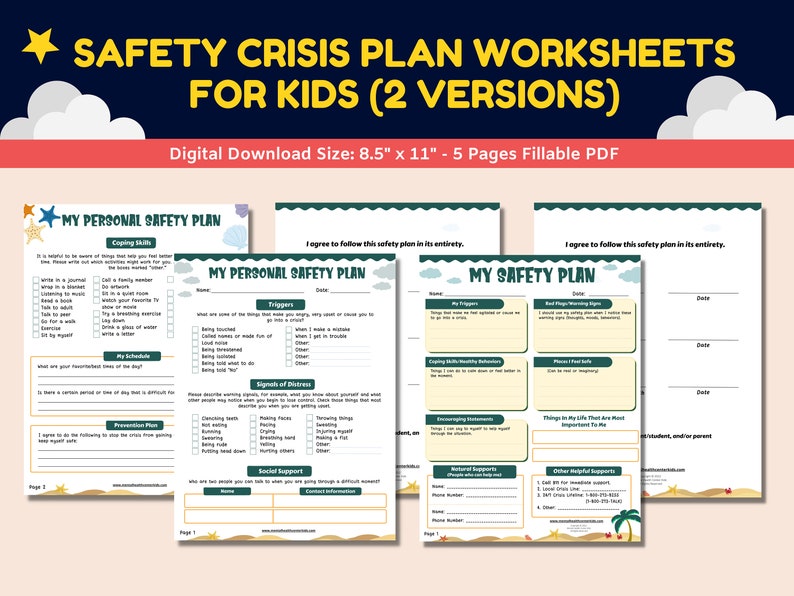 Safety Plan for Kids Teens Printable Crisis Plan Worksheet Mental ...