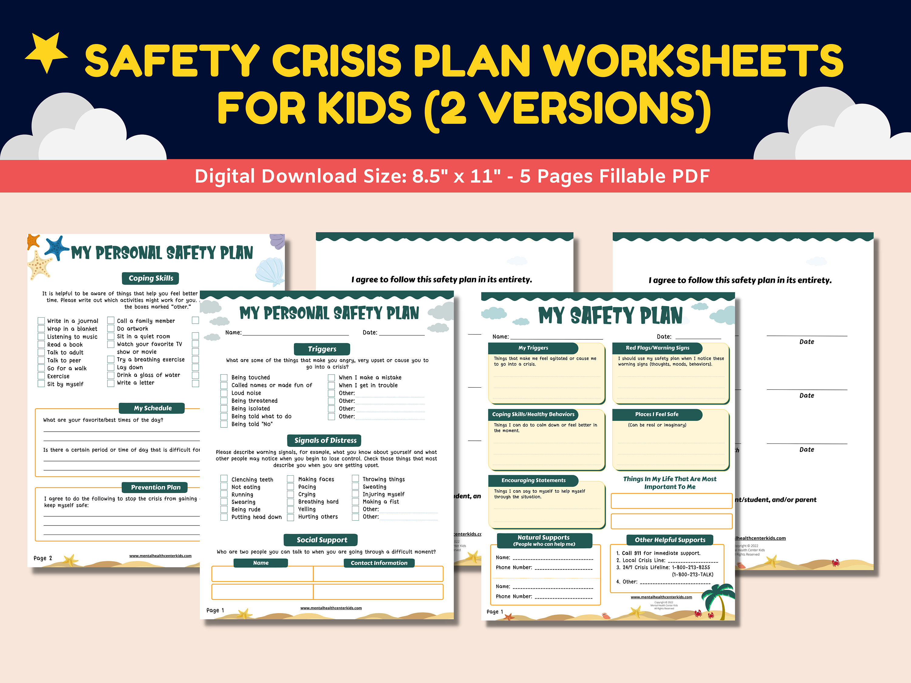 Safety Plan for Kids Teens Printable Crisis Plan Worksheet Mental ...