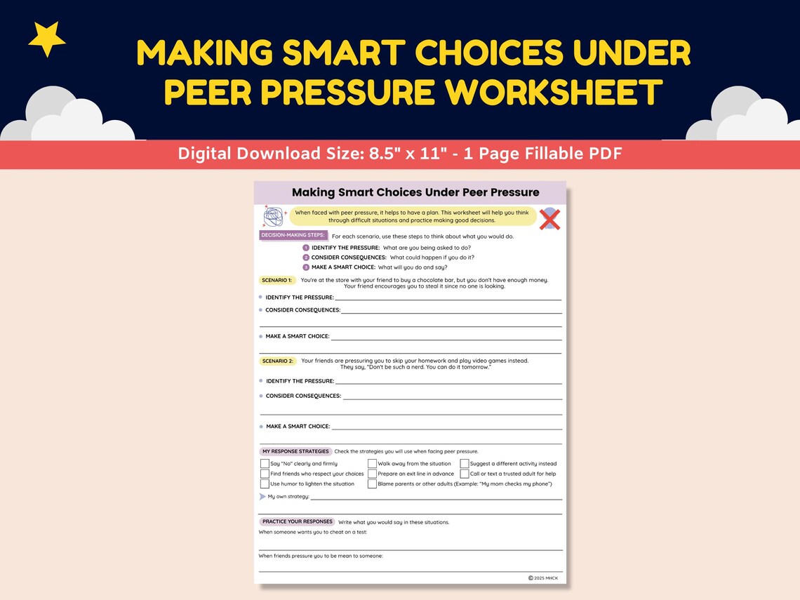 Peer Pressure Social Skills Worksheets for Kids-teens-students | Child ...