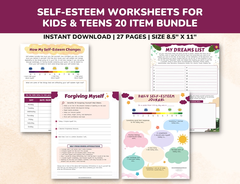 Self-esteem Worksheets 20 Item Printable Bundle for Kids & Teens-mental ...