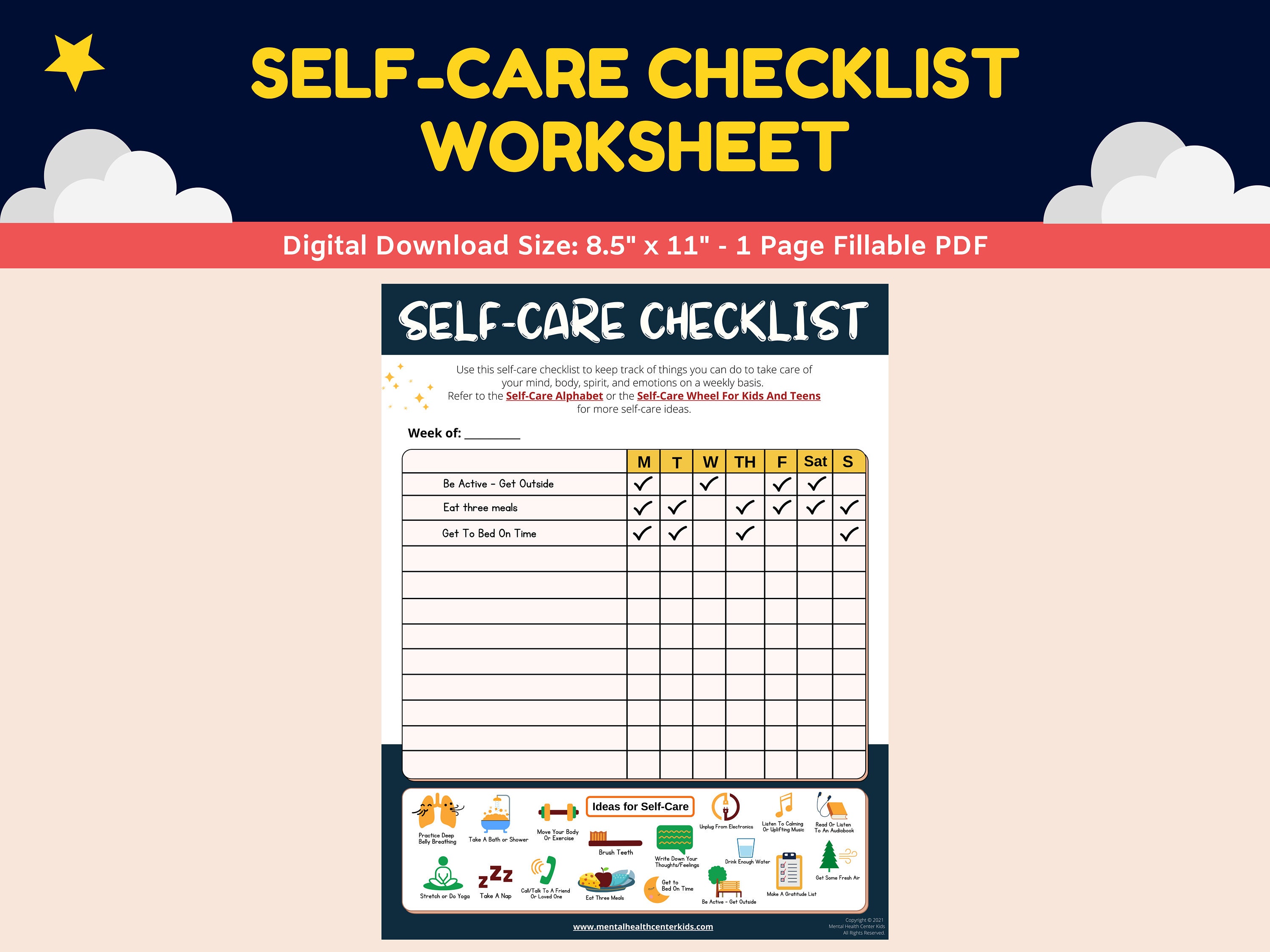 Self-care Checklist Worksheet Kids Teens Young Adults Mental | Etsy