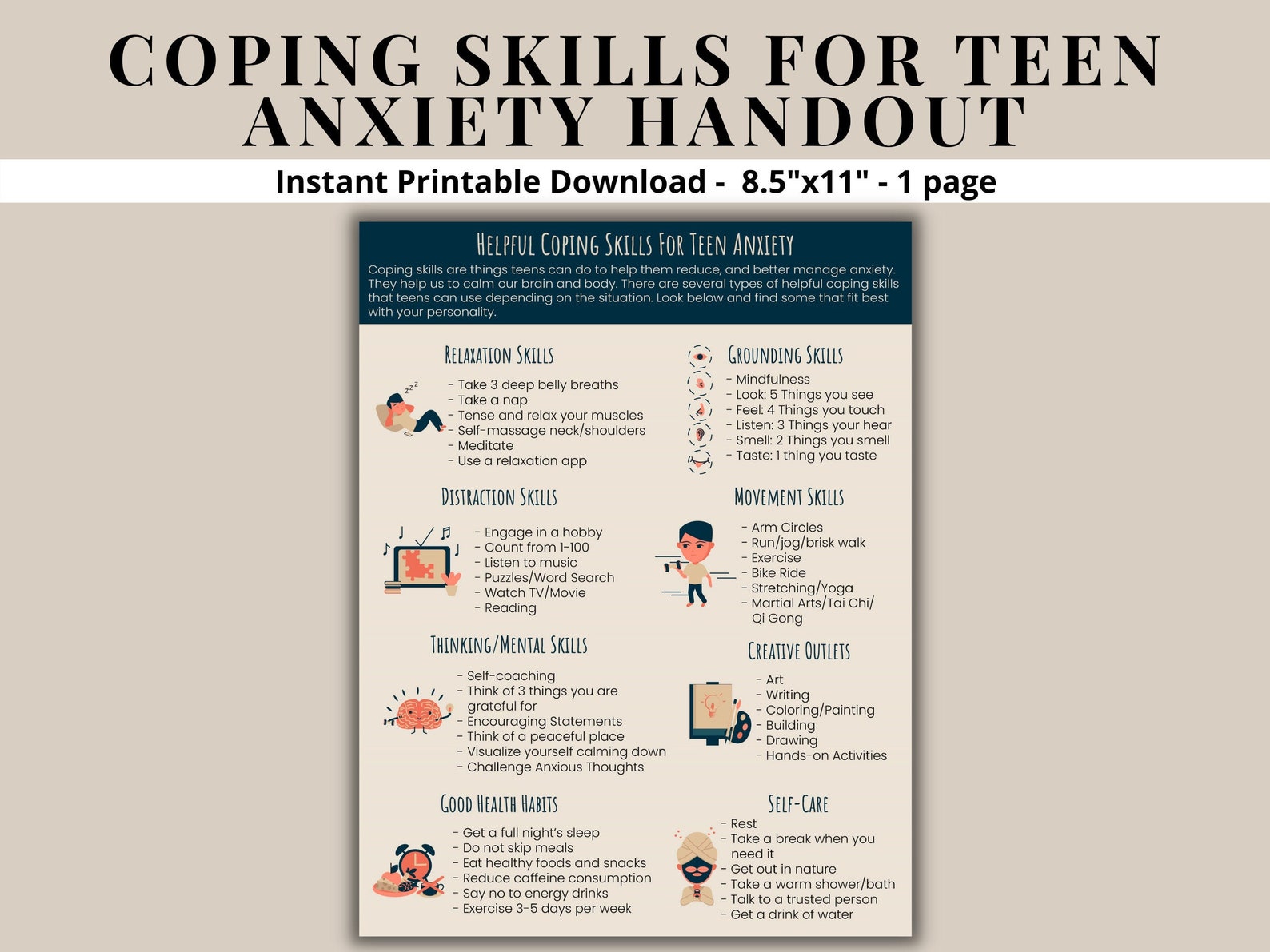 Anxiety Coping Skills for Teens Printable Handout-therapy | Etsy UK