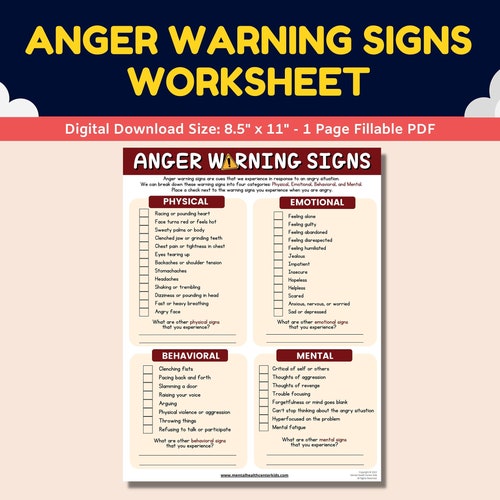 Anger Warning Signs Symptoms Worksheet for Teens - Etsy