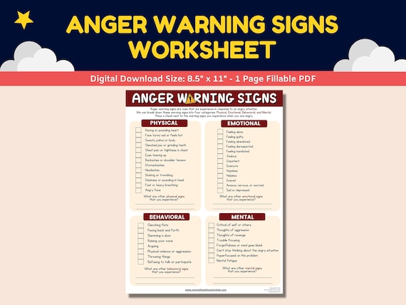 Anger Warning Signs Symptoms Worksheet for Teens | Etsy