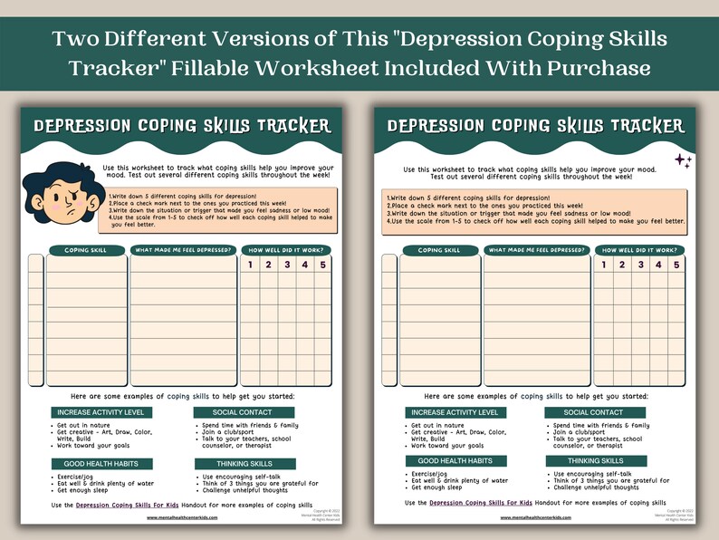 Depression Coping Skills Tracker Fillable Worksheet Kids Teens-child ...