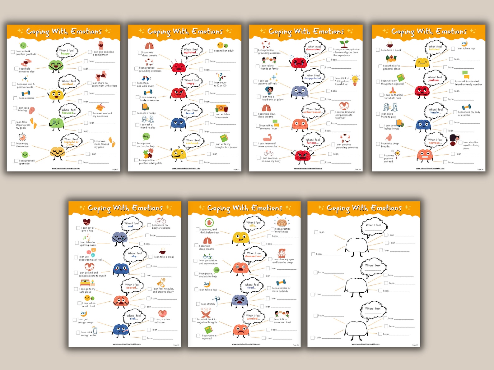 Coping Skills Emoji Worksheets for Kids 7 Pages-feelings Emotions Chart ...
