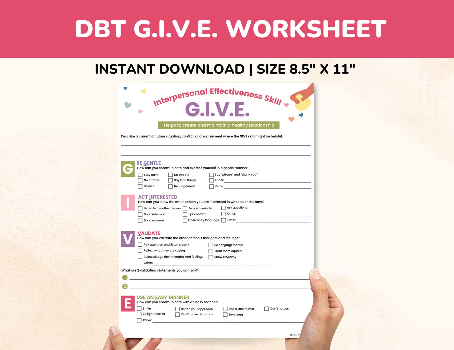 DBT GIVE Skill Worksheet 2-page Fillable Pdf-interpersonal ...