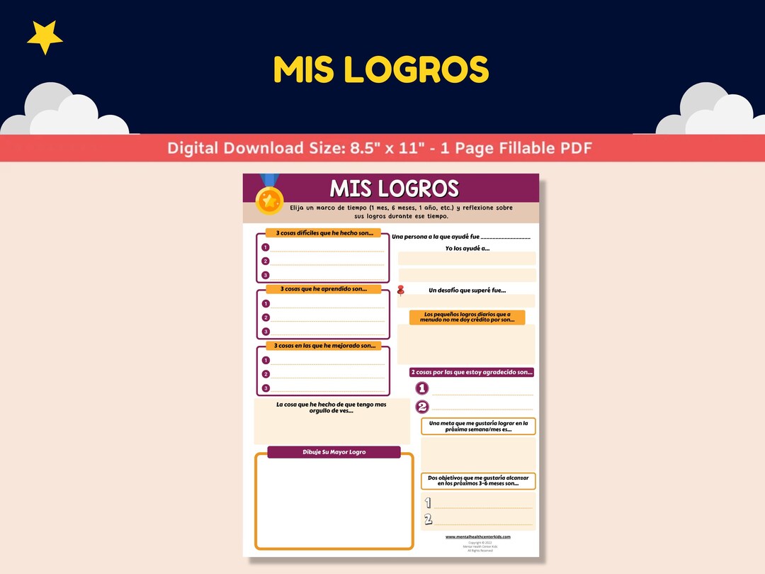 Spanish Self-esteem Worksheet for Kids-teens - Mis Logros - My ...