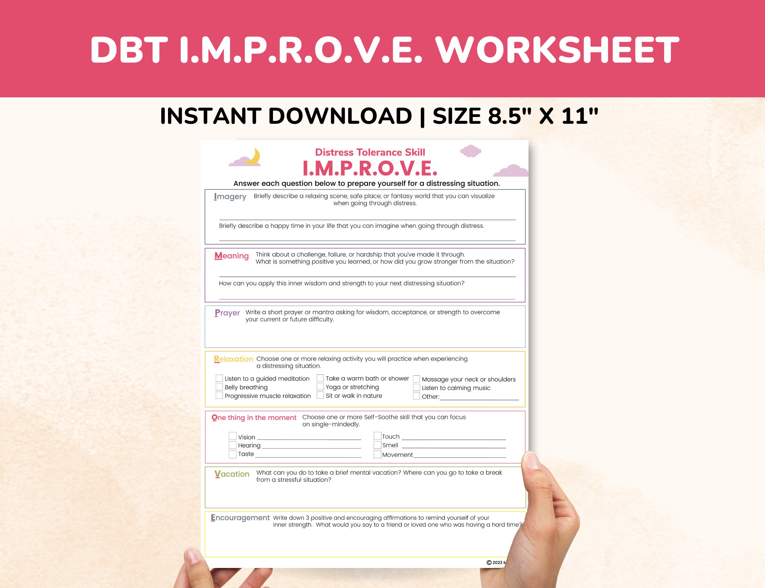 DBT IMPROVE the Moment Worksheets 2-pages-distress Tolerance Skills ...