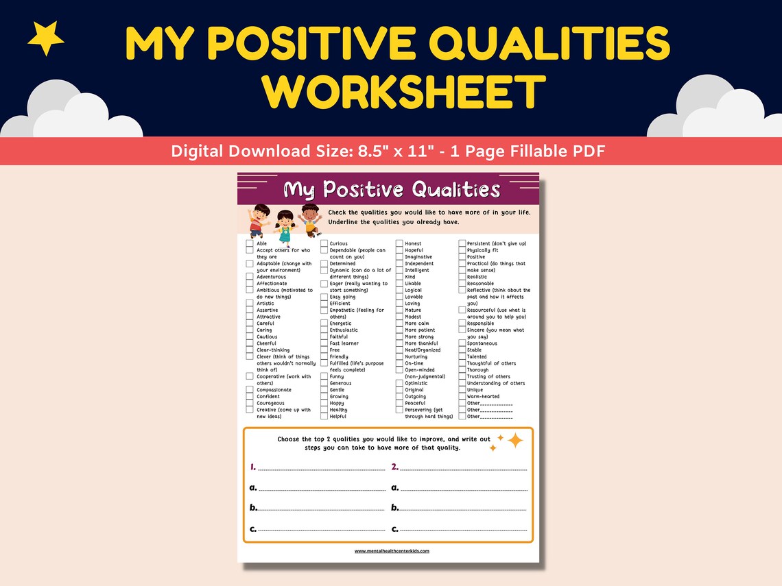 My Positive Qualities Self-esteem Worksheet for Kids Teens Self ...