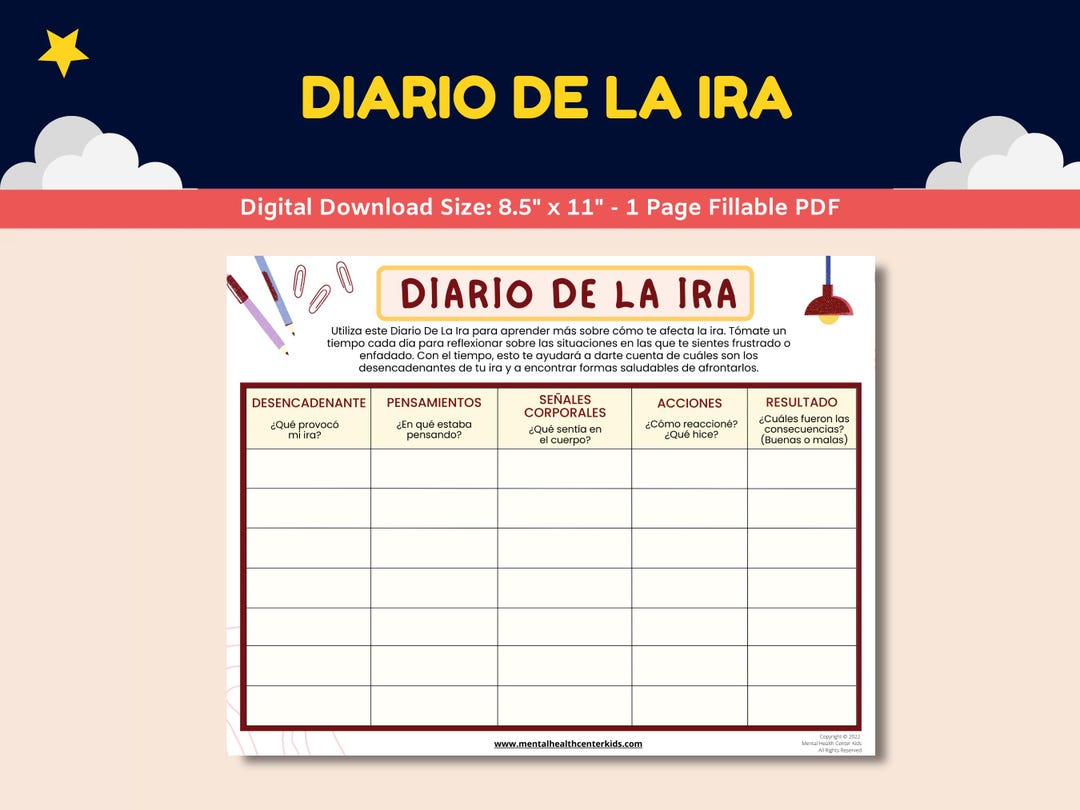 Spanish Anger Management Worksheet for Kids-teens - Diario De La Ira ...