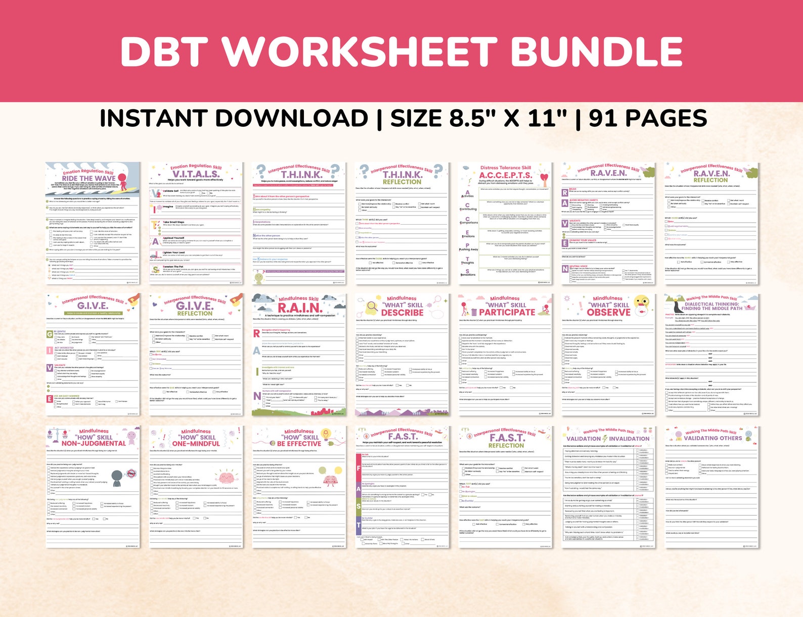 DBT Worksheets Bundle Kids-teens-adults-91 Pgs DBT Coping Skills ...