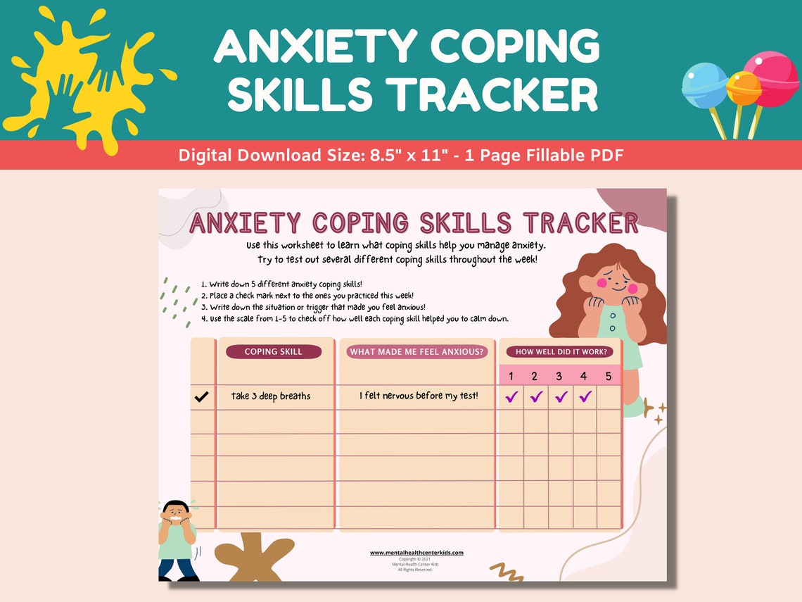Anxiety Coping Skills Tracker Fillable Worksheet Kids | Etsy