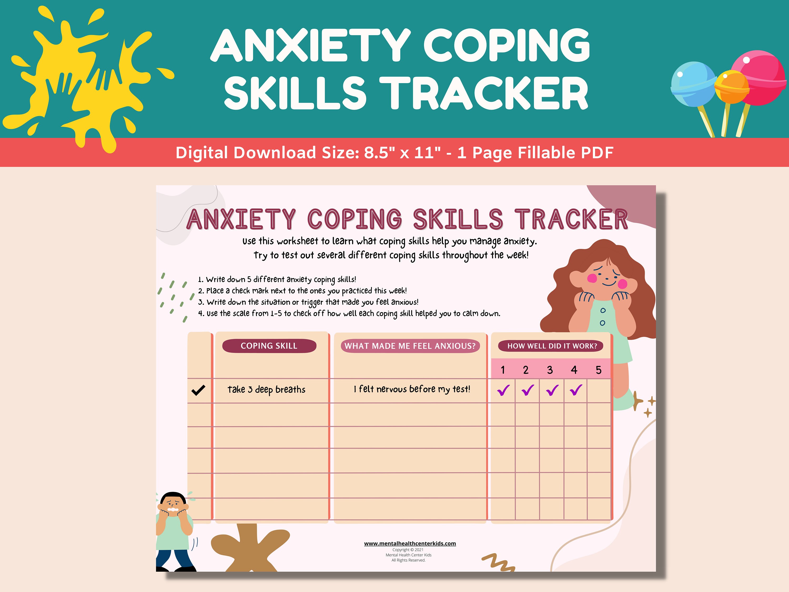 Anxiety Coping Skills Tracker Fillable Worksheet Kids | Etsy