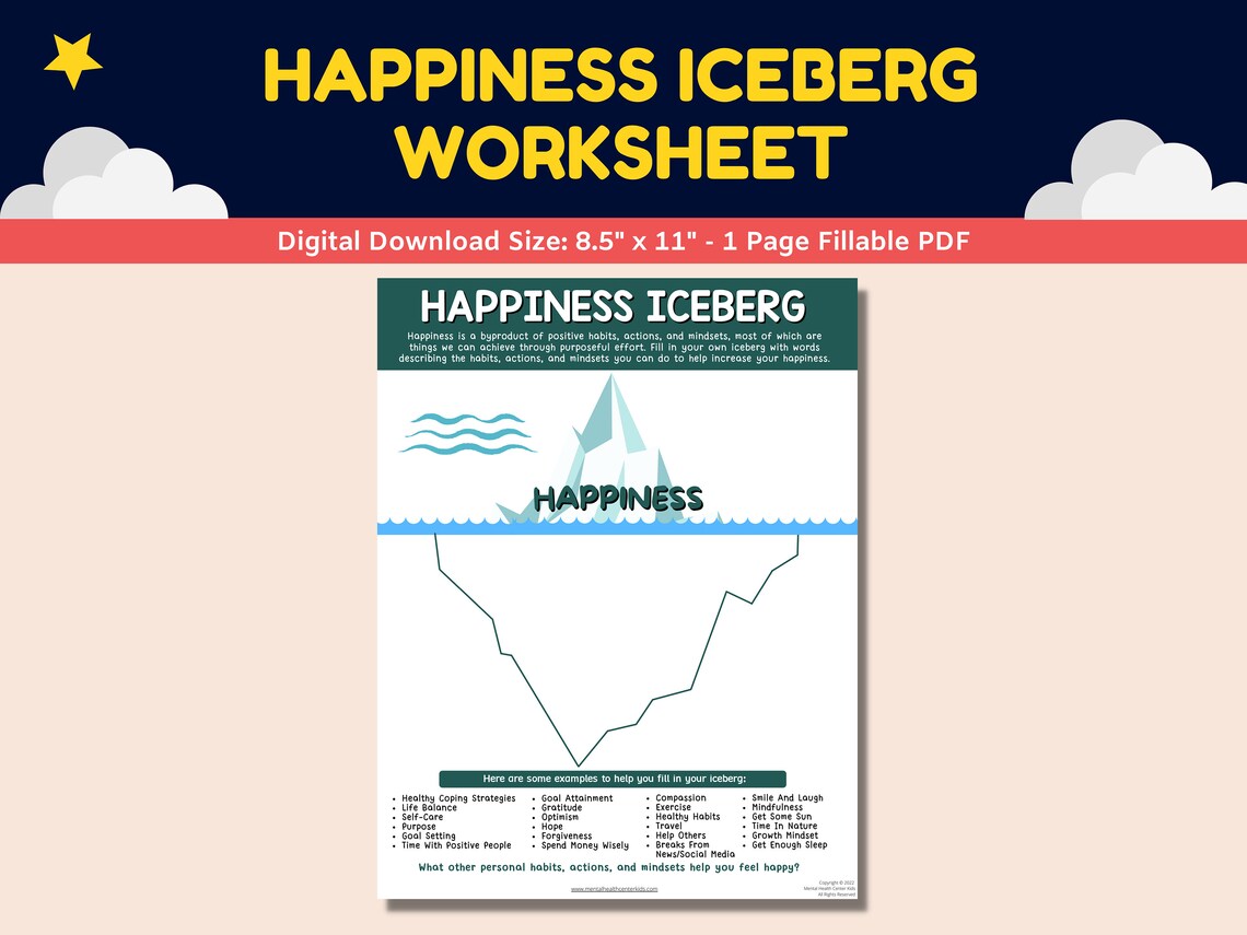Happiness Iceberg Mental Health Fillable Worksheet Depression - Etsy