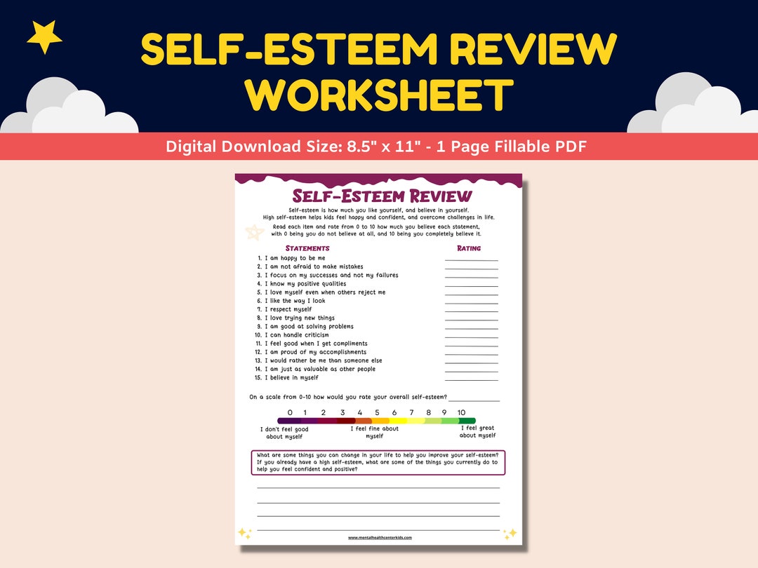 Self-esteem Review Worksheet for Kids Teens-growth Mindset Mental ...
