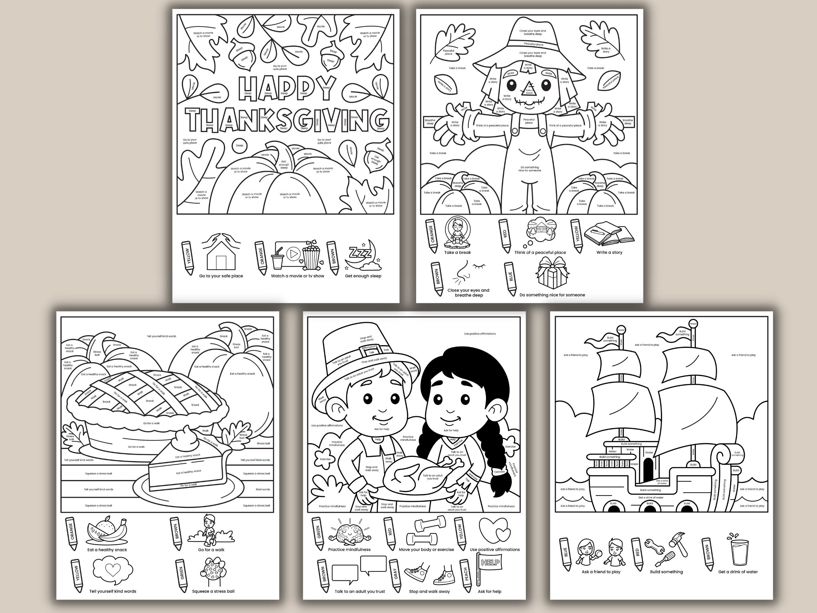 Thanksgiving Color by Coping Skills Coloring Pages Book - Etsy