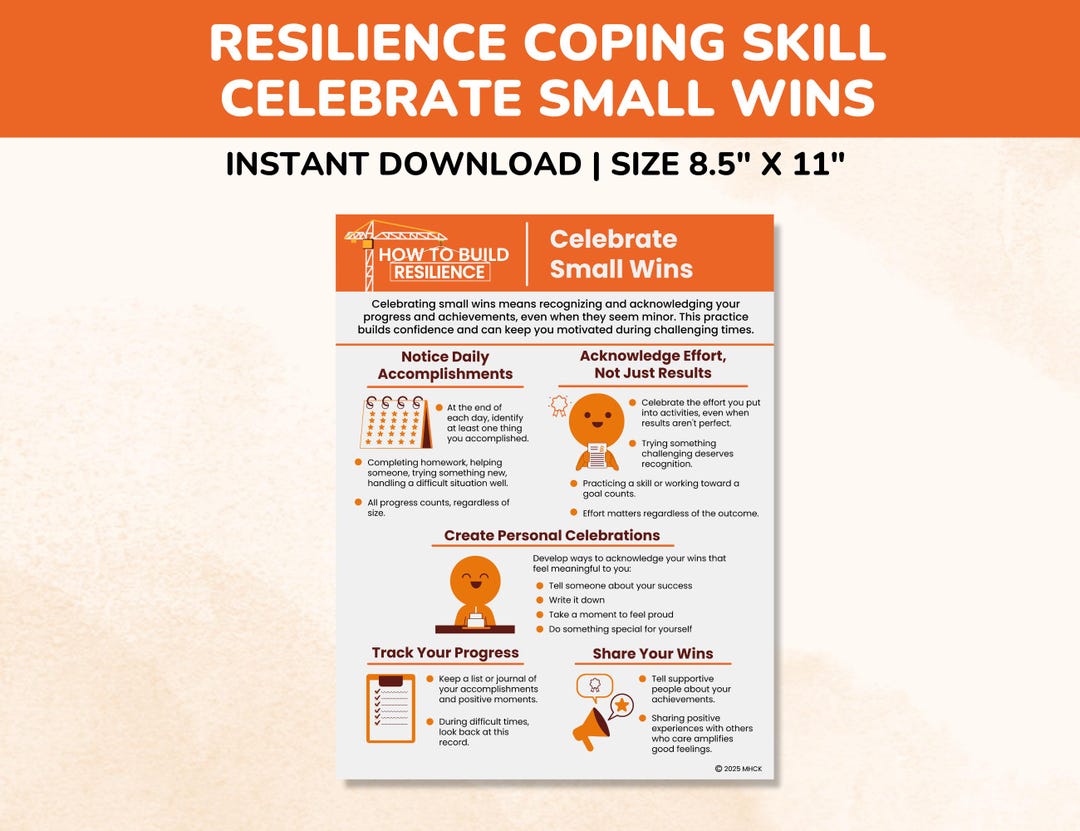 Celebrate Small Wins Therapy Handout - Resilience Coping Skills Poster ...