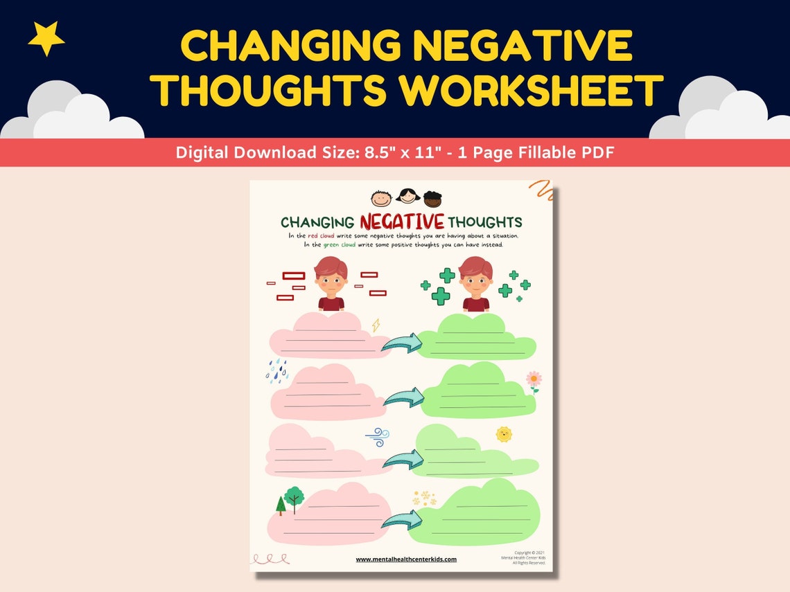 Changing Negative Thoughts CBT Skills Fillable Worksheet Kids - Etsy