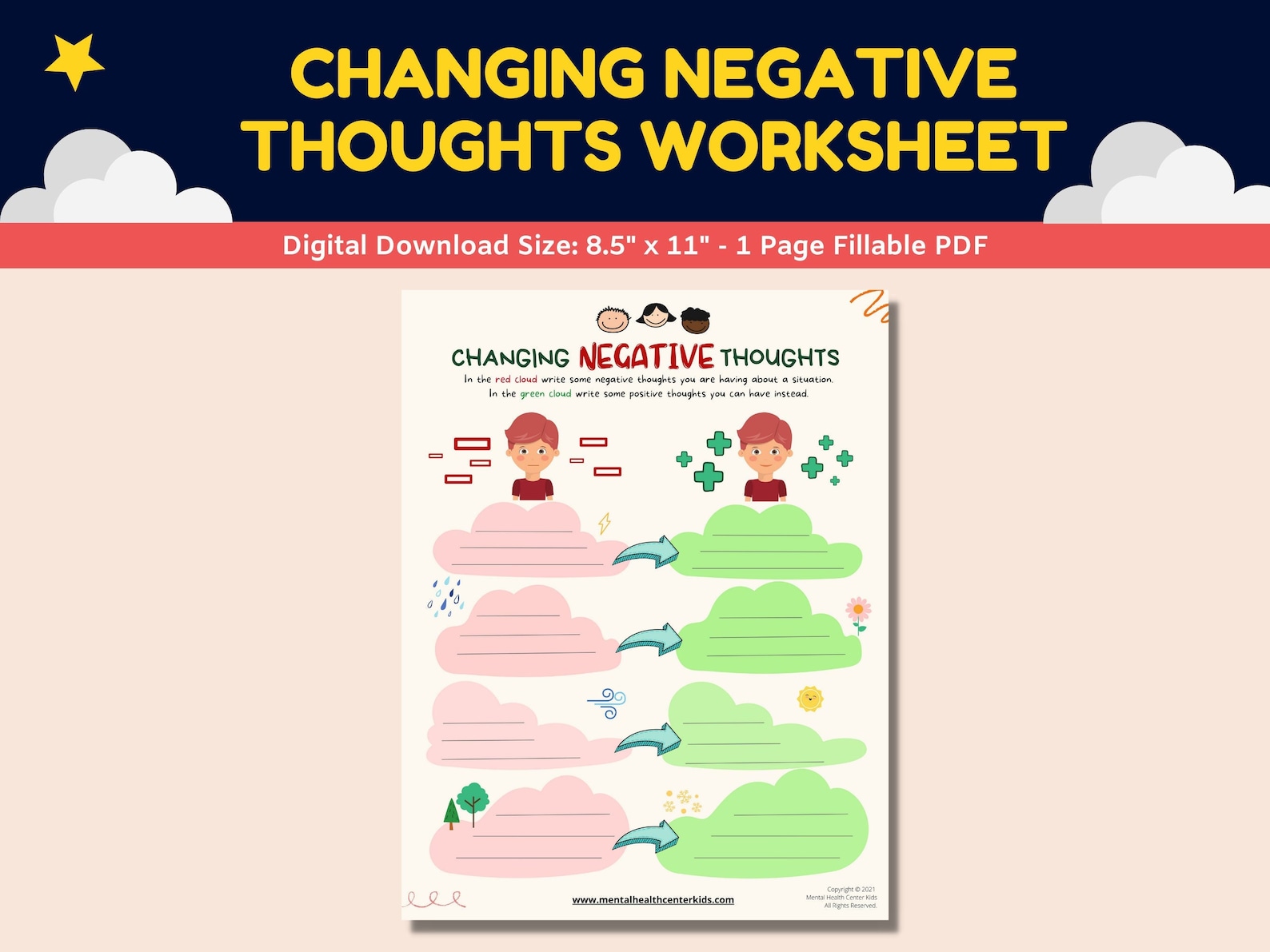 Changing Negative Thoughts CBT Skills Fillable Worksheet Kids - Etsy
