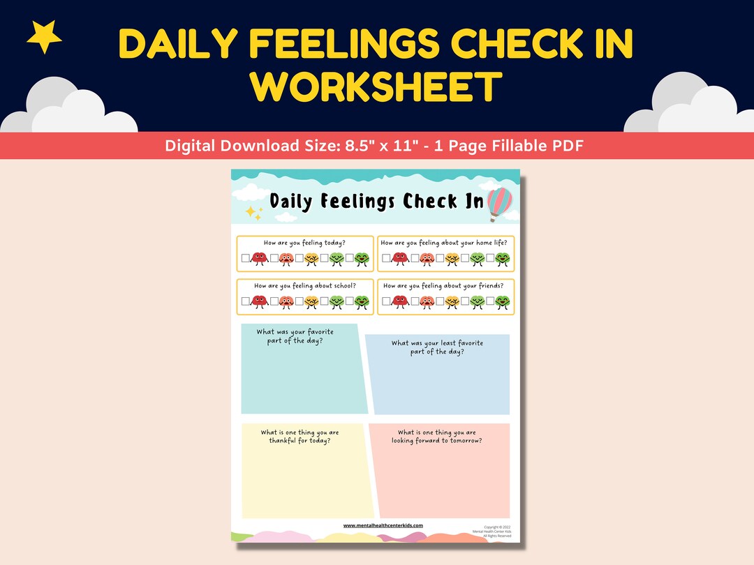 Daily Feelings Check in Emoji Printable Worksheet for Kids-identifying ...