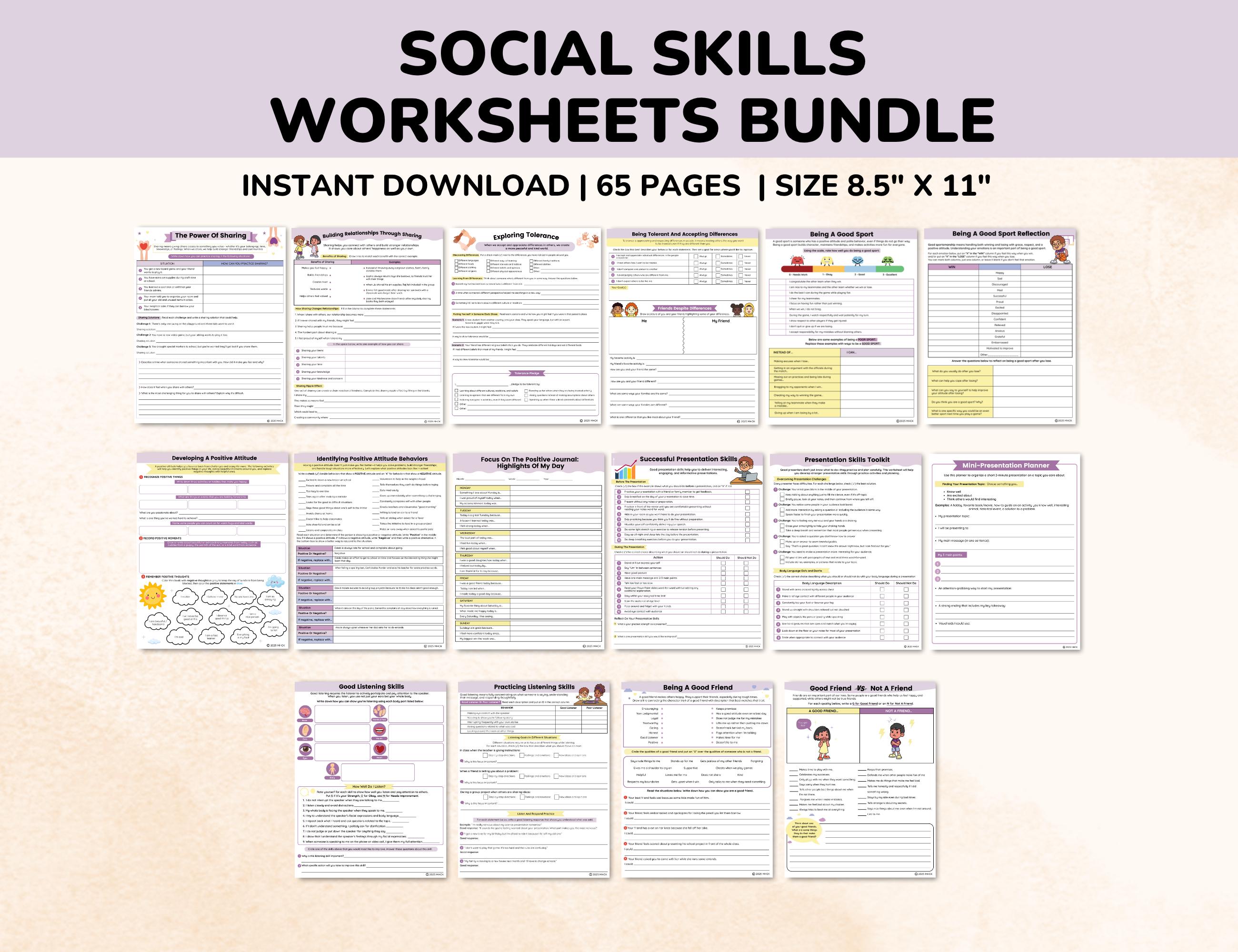 Social Skills Worksheets Bundle for Kids-teens-students-65 Pages ...