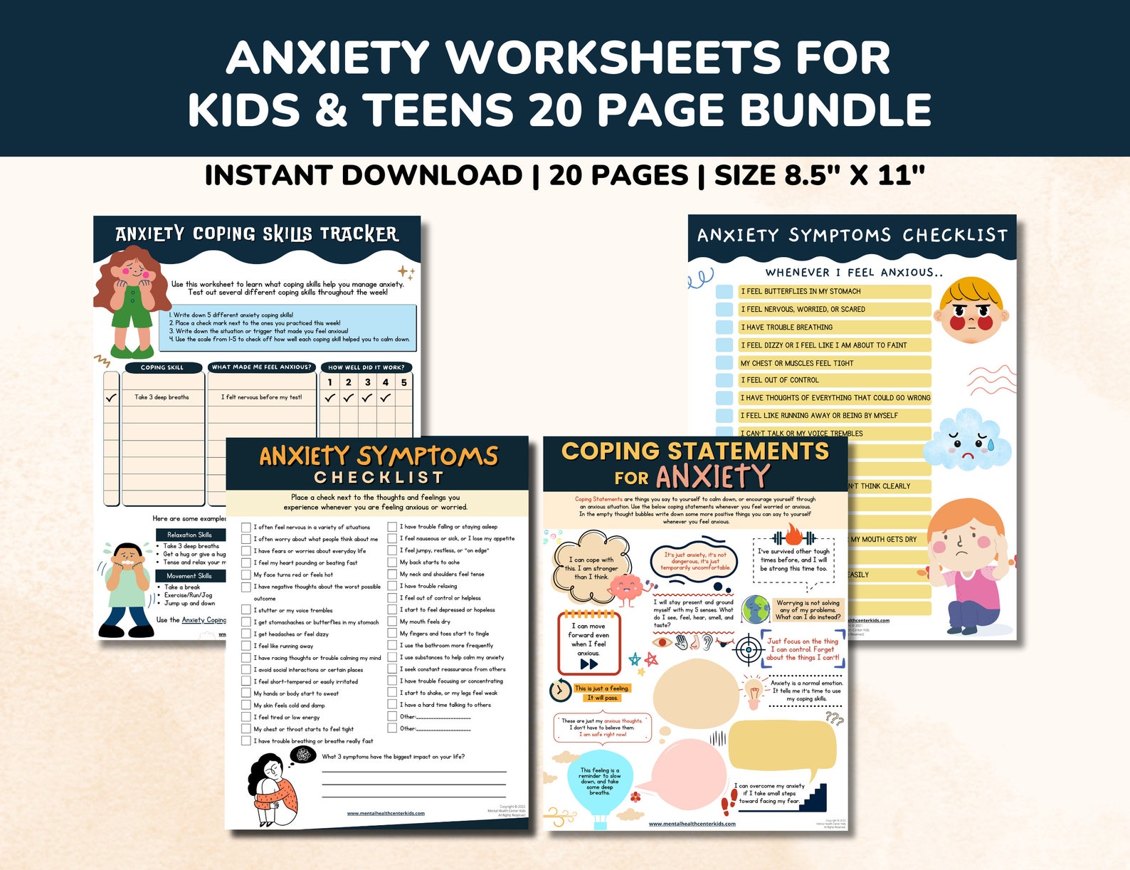 Anxiety Worksheets 20 Pg Printable Bundle for Kids & Teens-child ...