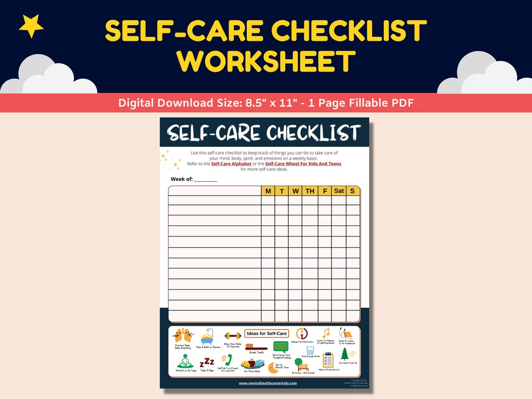 Self-care Checklist Worksheet Kids Teens Young Adults - Mental Health ...