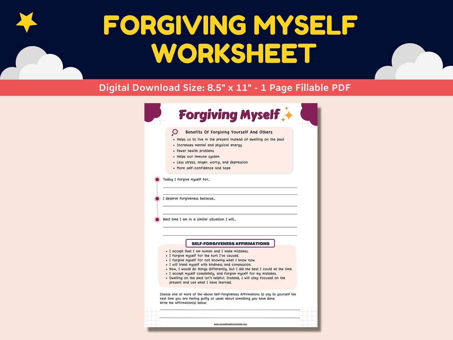 Forgiving Myself Self-forgiveness Self-esteem Worksheet Kids Teens ...