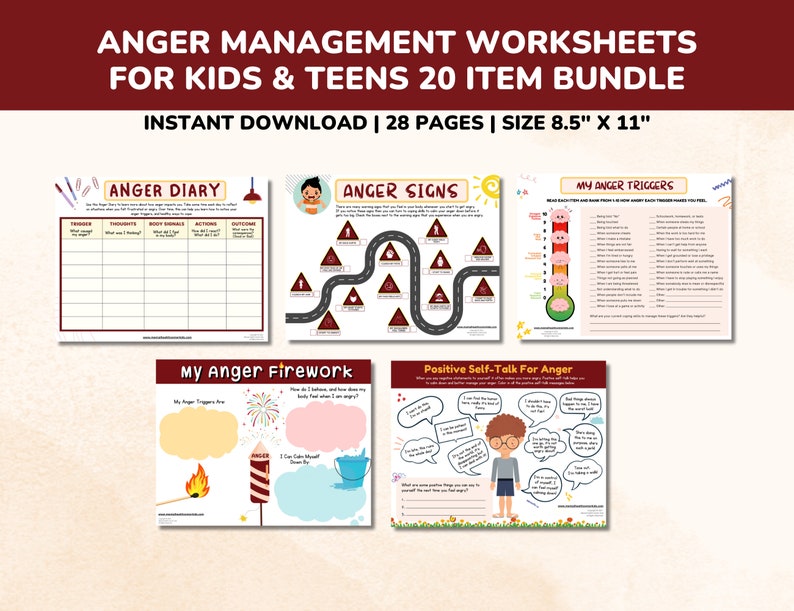 Anger Management Worksheets 20 Item Printable Bundle for Kids & Teens ...