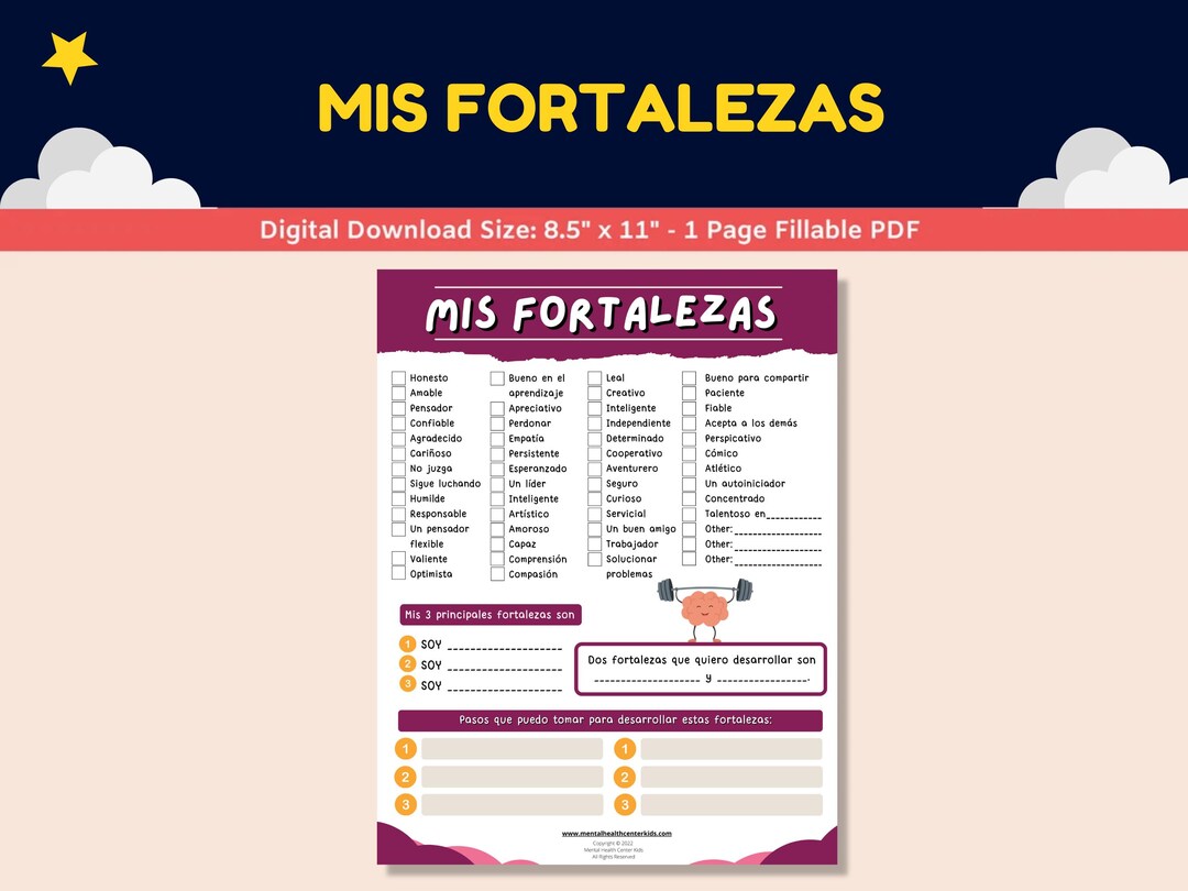 Spanish Self-esteem Worksheet for Kids-teens - Mis Fortalezas - My ...