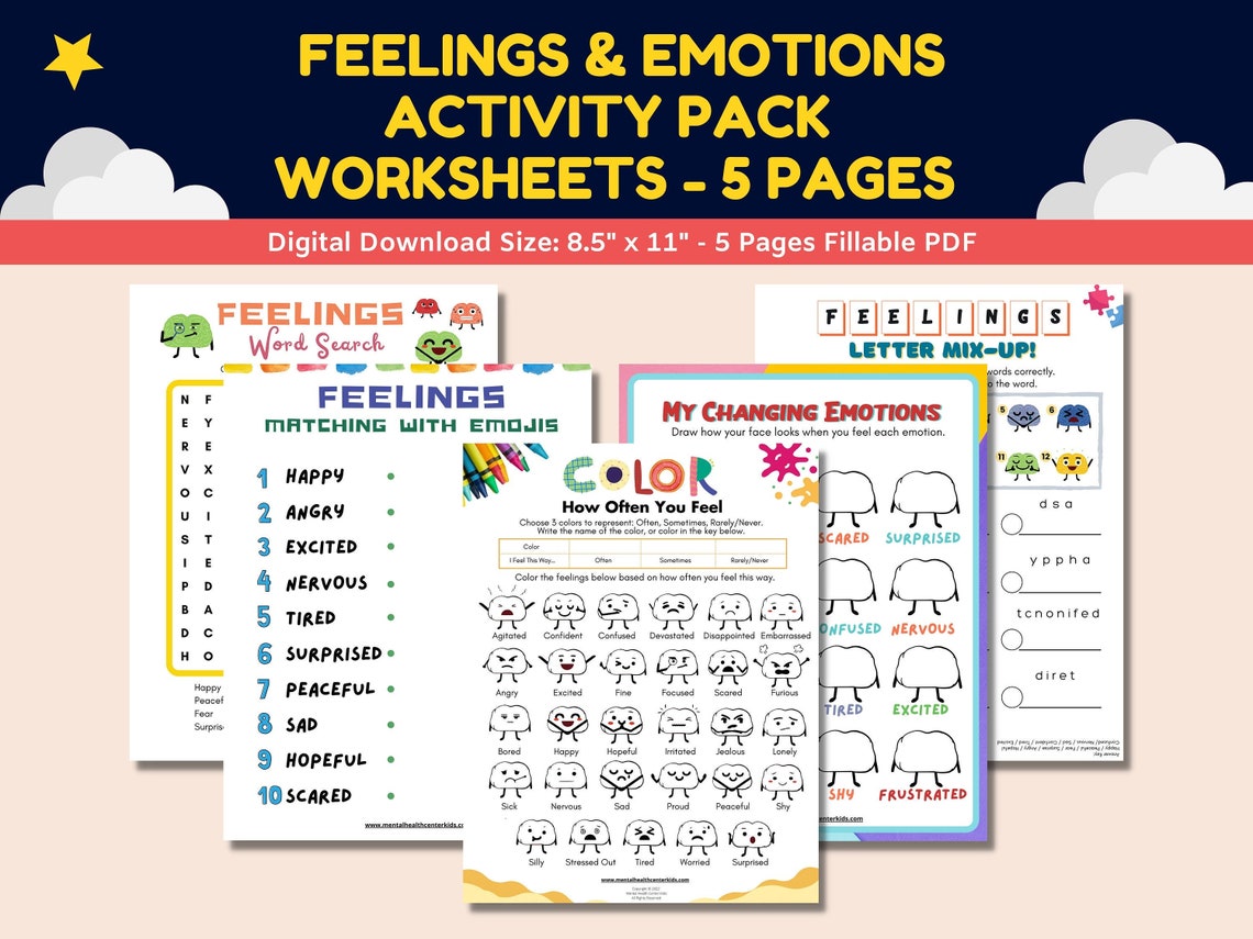 Feelings Emotions 5 Pg Printable Emoji Activity Pack - Etsy