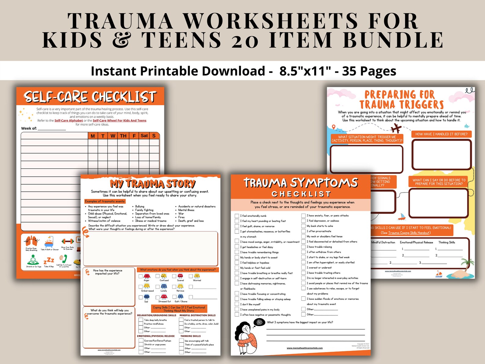 Trauma PTSD Worksheets 20 Item Printable Bundle for Kids & - Etsy