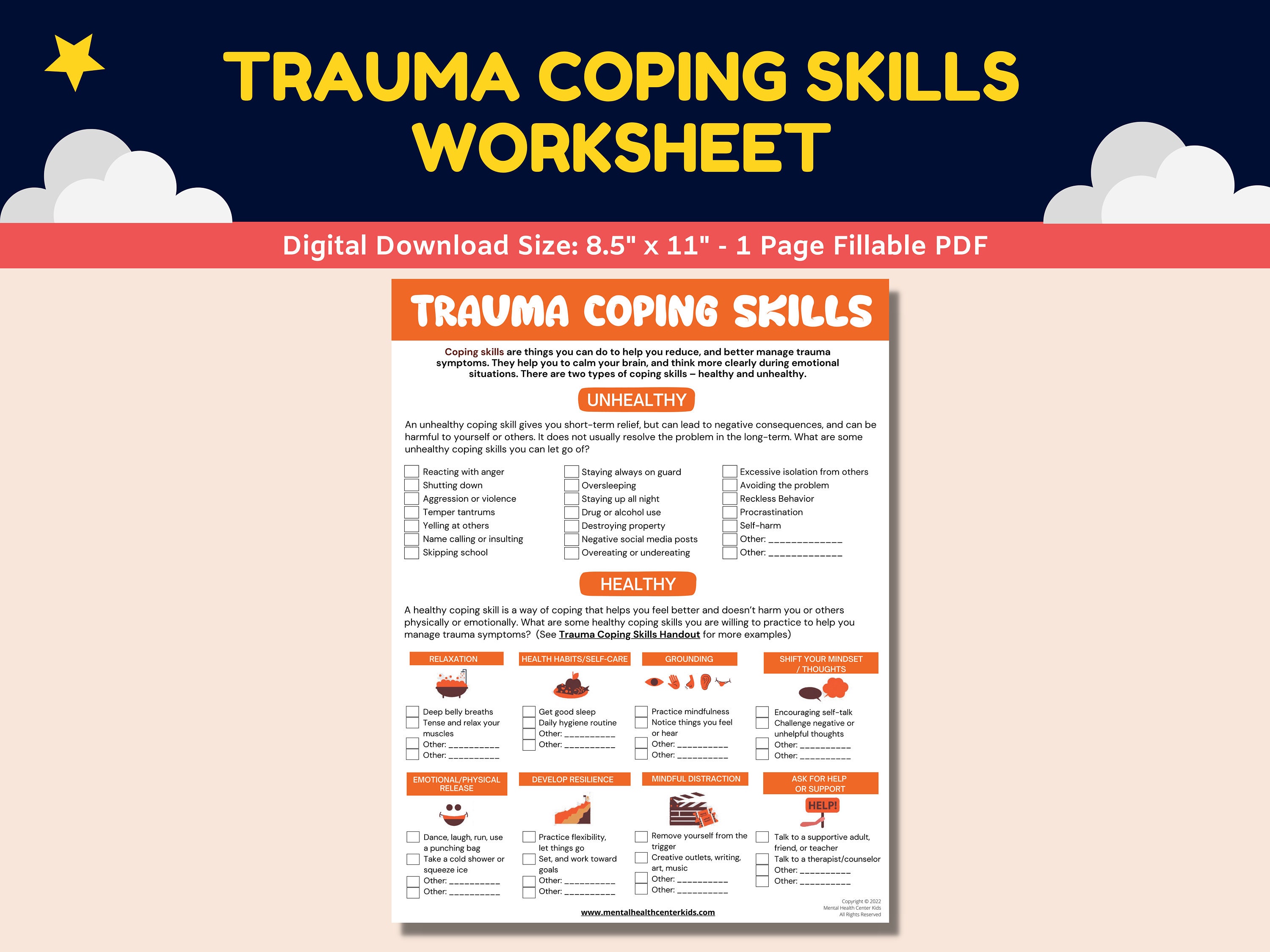 Trauma PTSD Coping Skills Fillable Worksheet Teens Adolescents ...