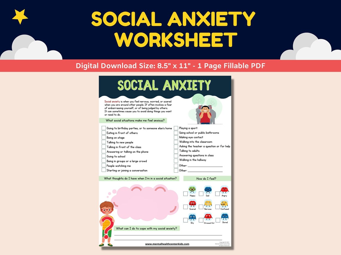 Social Anxiety Fillable Worksheet Kids Children Social | Etsy