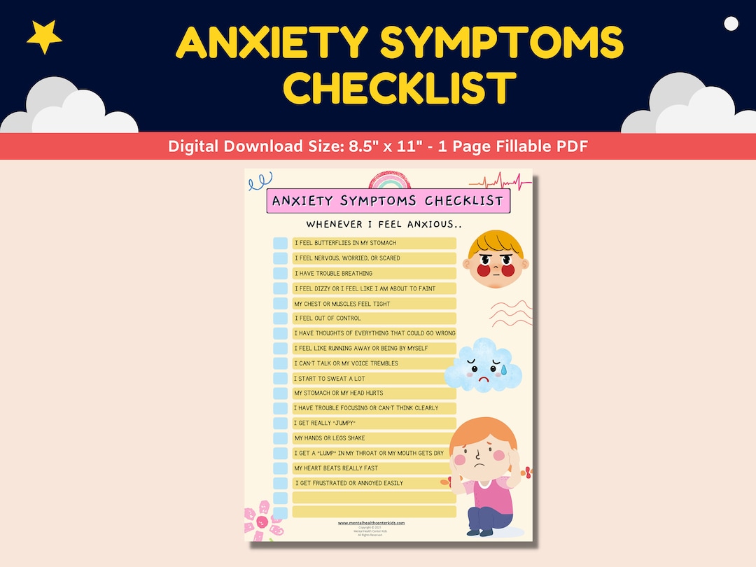 Anxiety Symptoms Checklist Worksheet for Kids - Child Worry Anxiety ...