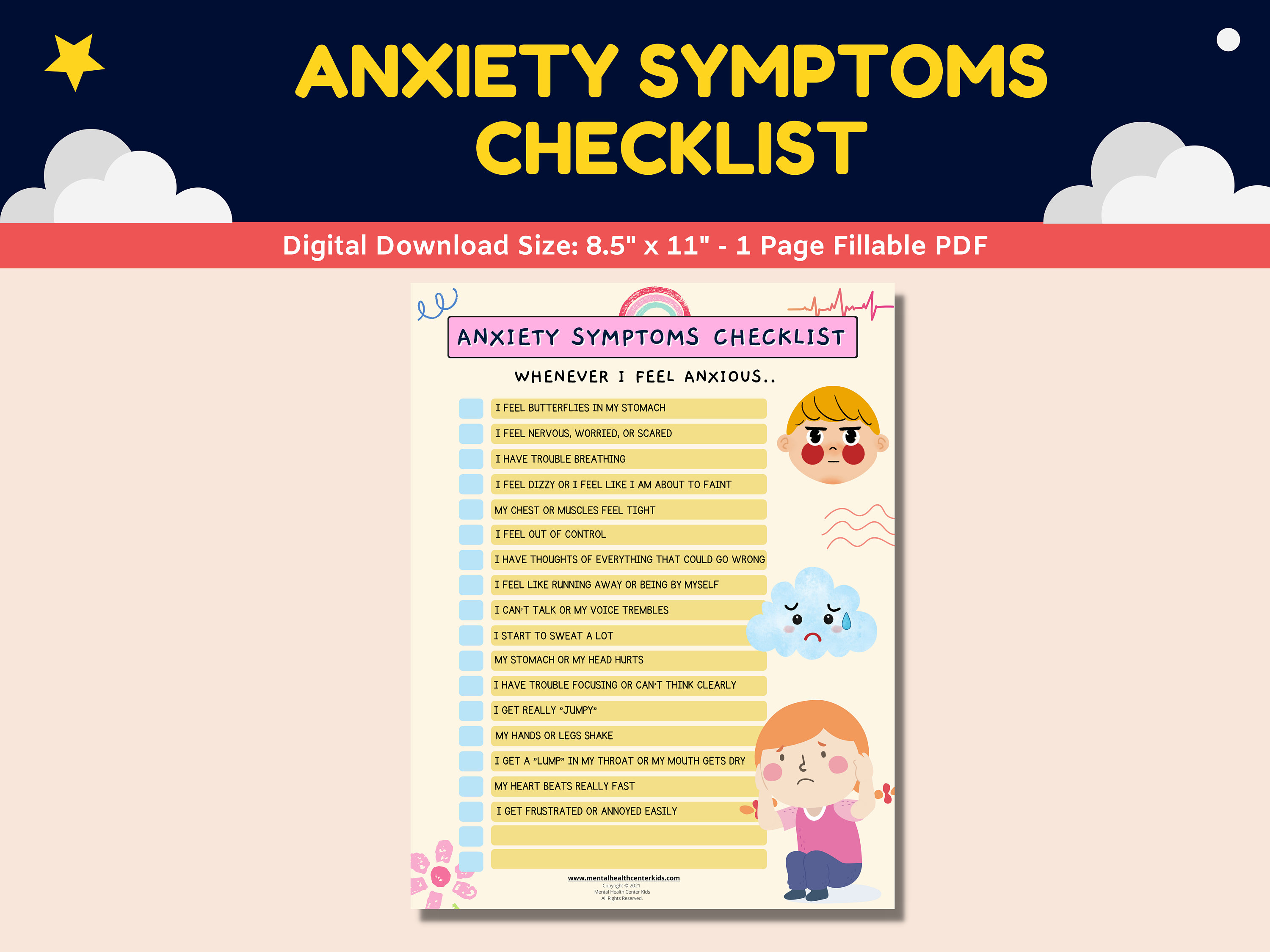 Anxiety Symptoms Checklist Worksheet for Kids - Child Worry Anxiety ...