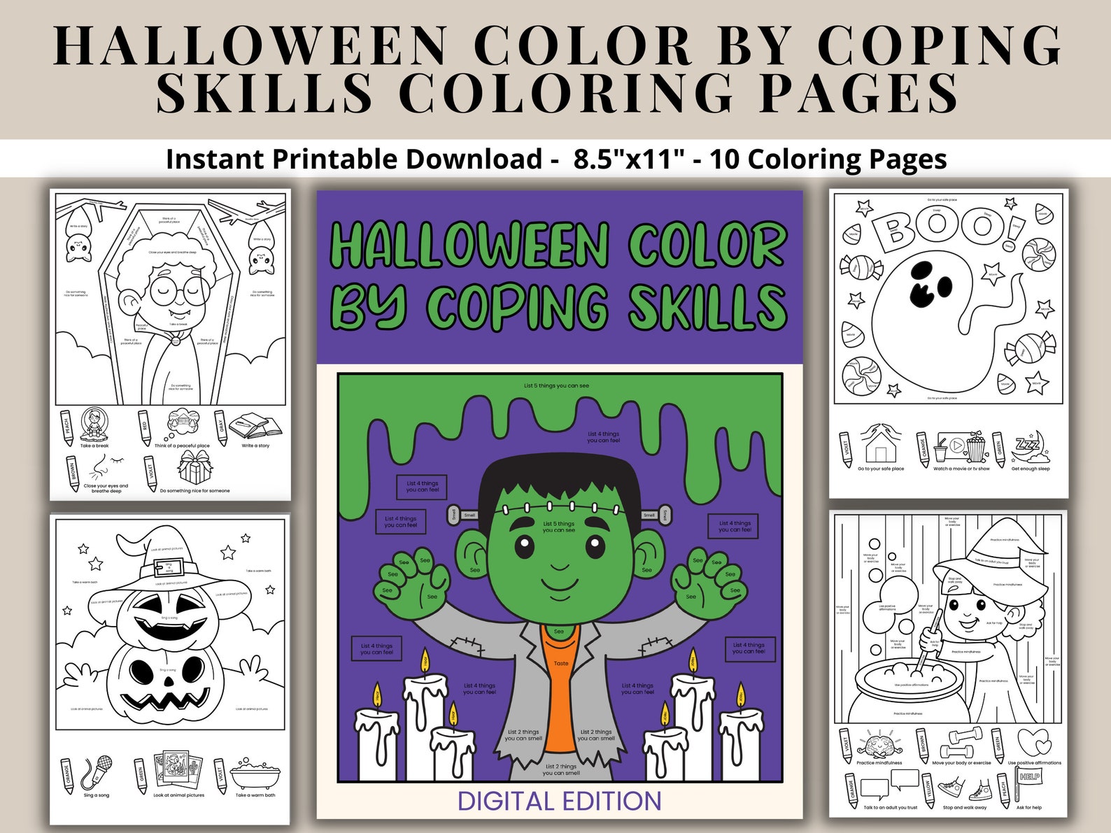 Halloween Color by Coping Skills Coloring Pages Book Printable - Etsy