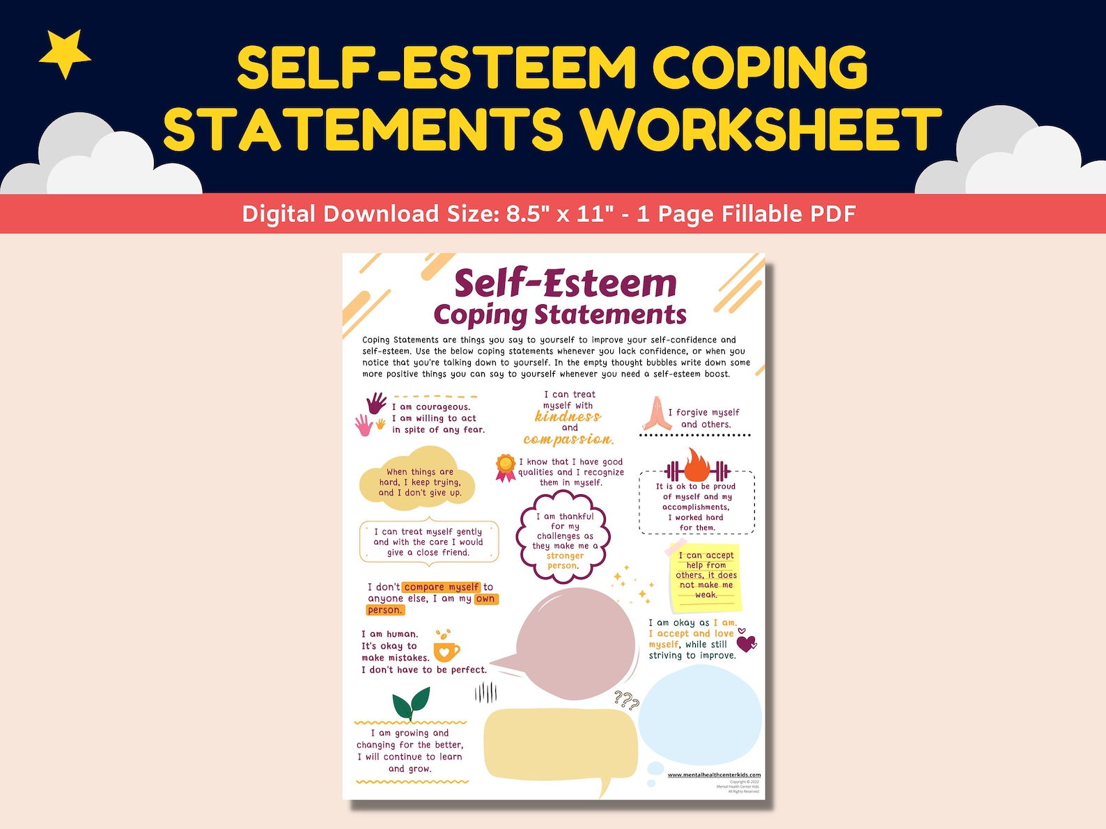 Self-esteem Coping Statements Worksheet Kids Teens Mental Health Child ...