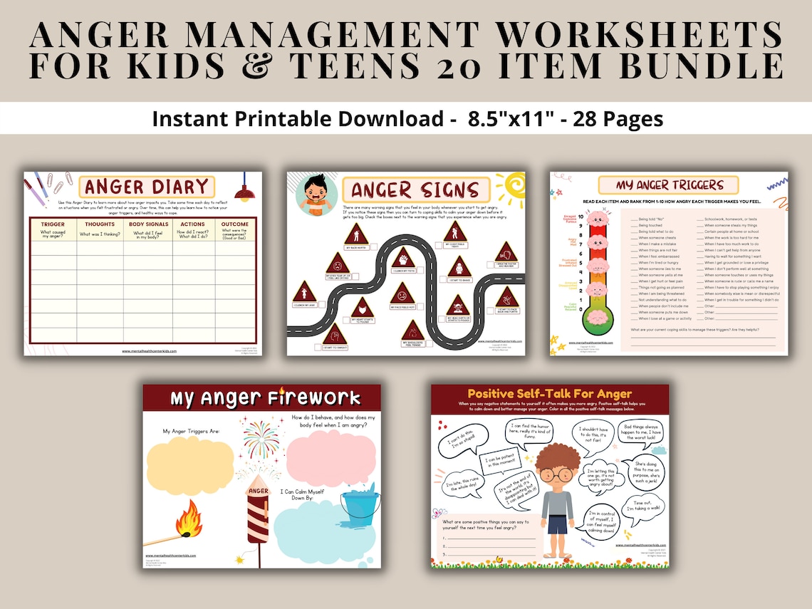Anger Management Worksheets 20 Item Printable Bundle for Kids - Etsy