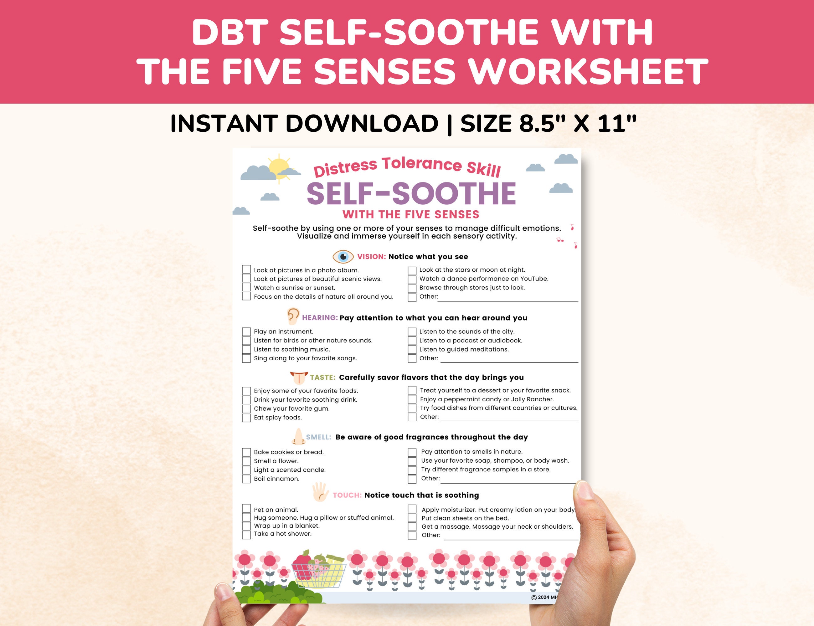 DBT Self-soothing Worksheet With 5 Senses 3-pages-distress Tolerance ...