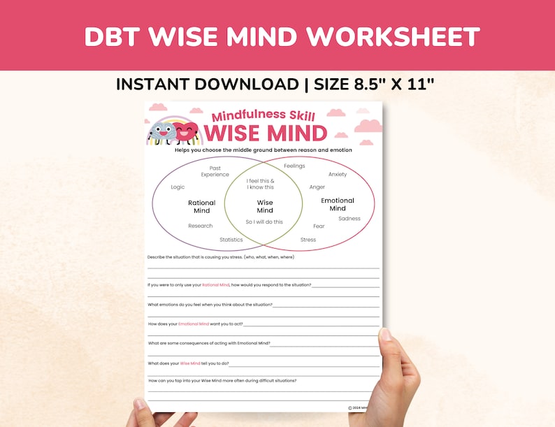 Wise Mind DBT Worksheets 5-pages-mindfulness Skills Pdf-kids-teens ...