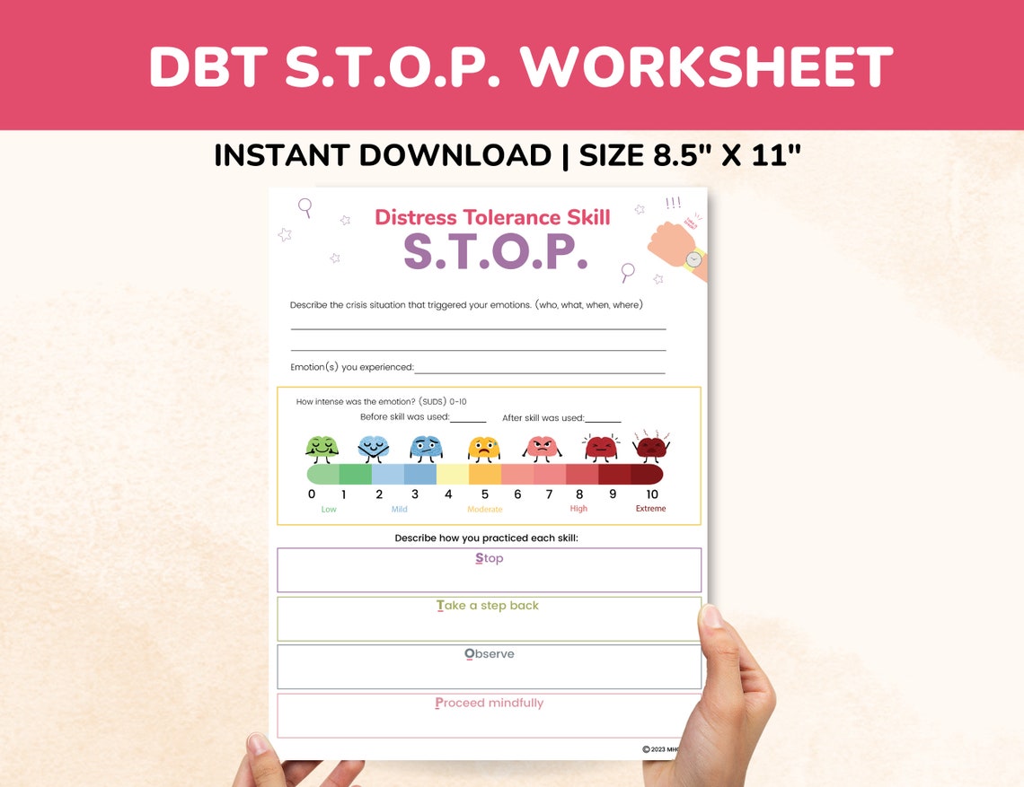 DBT STOP Skill Worksheet 2-pages-distress Tolerance Skills Fillable Pdf ...