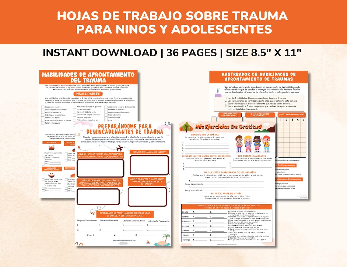 Spanish Trauma/ptsd Worksheets 20 Item Bundle for Kids-teens - Hojas De ...