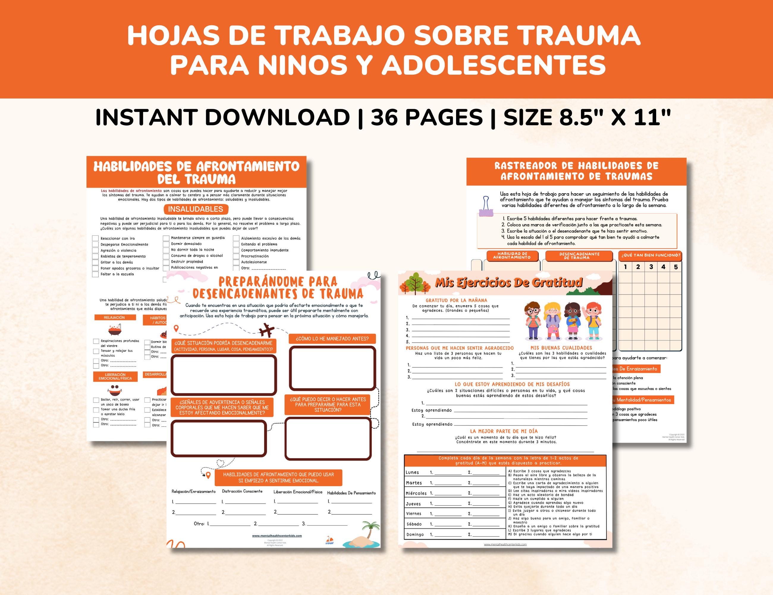 Spanish Trauma/ptsd Worksheets 20 Item Bundle for Kids-teens - Hojas De ...