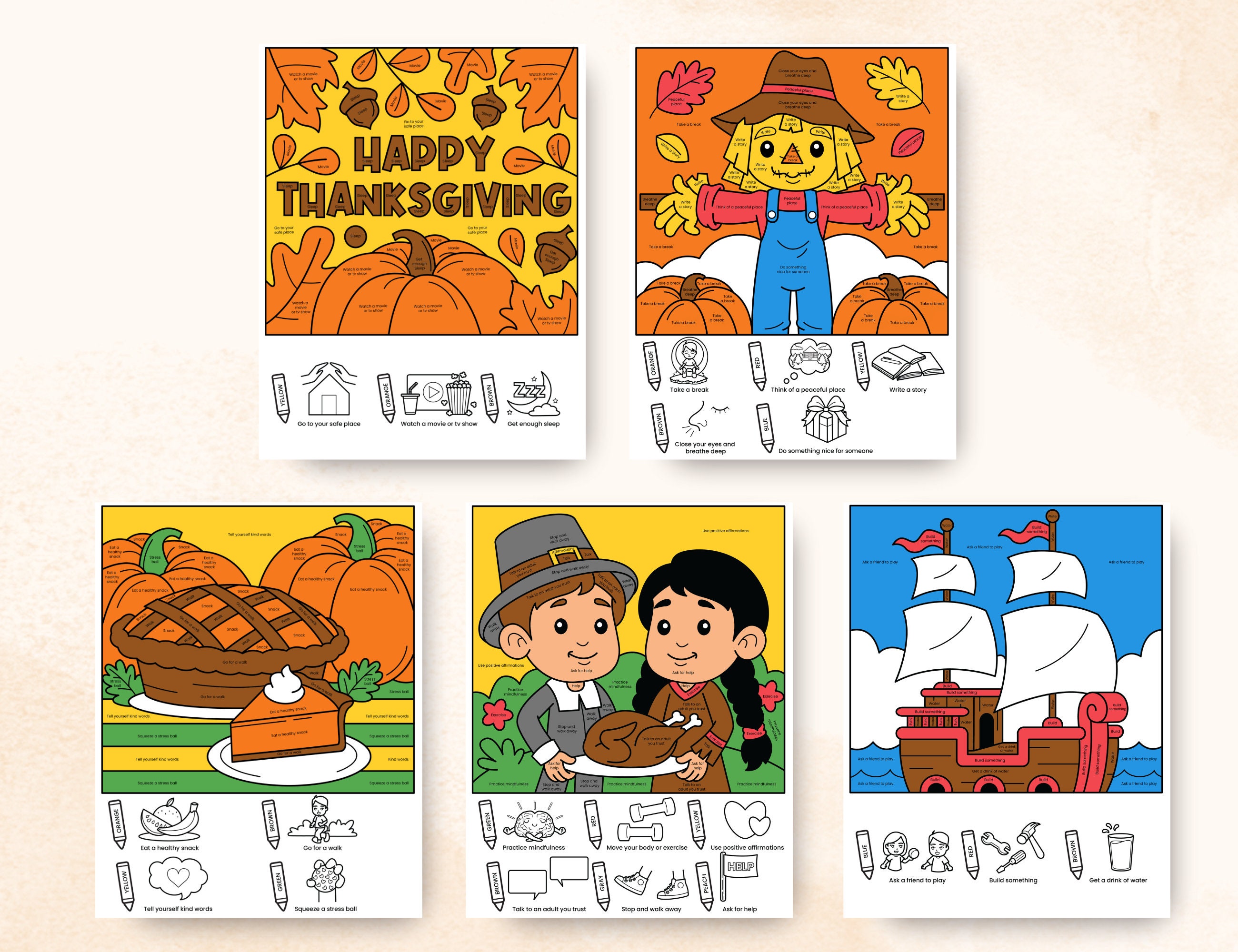 Thanksgiving Color by Coping Skills Coloring Pages Book Printable for ...