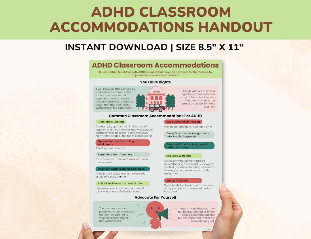 ADHD School Classroom Accommodations Therapy Handout Kids-teens-section ...